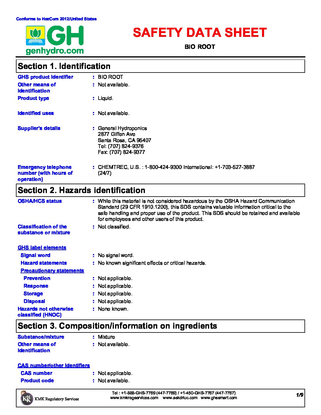 PH Down Liquid Safety Data Sheet General Hydroponics
